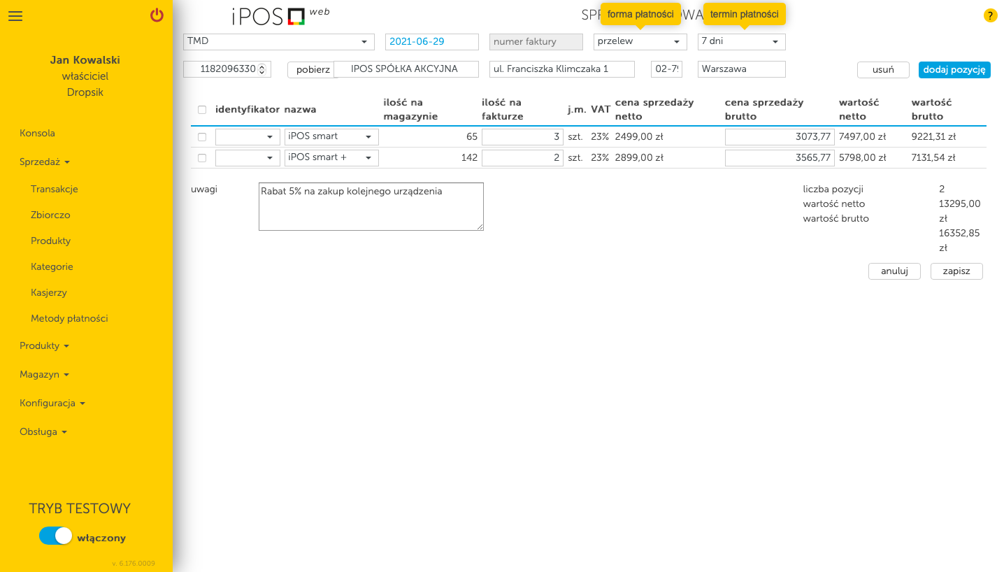 Faktura VAT z iPOS web